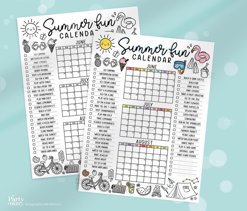 Printable Summer Calendar Poster 2026 Summer Fun Family Planner ...