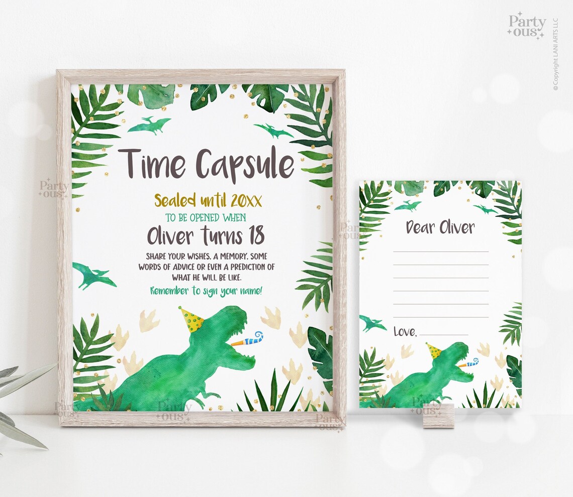 Editable Dinosaur Birthday Time Capsule Sign & Note Cards Dino Party ...