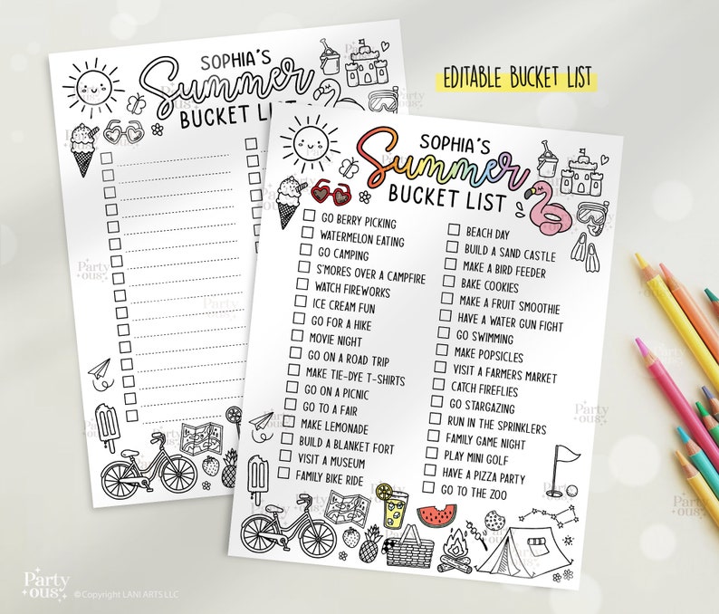 Editable Summer Bucket List Summer Fun Family Checklist Custom to Do ...