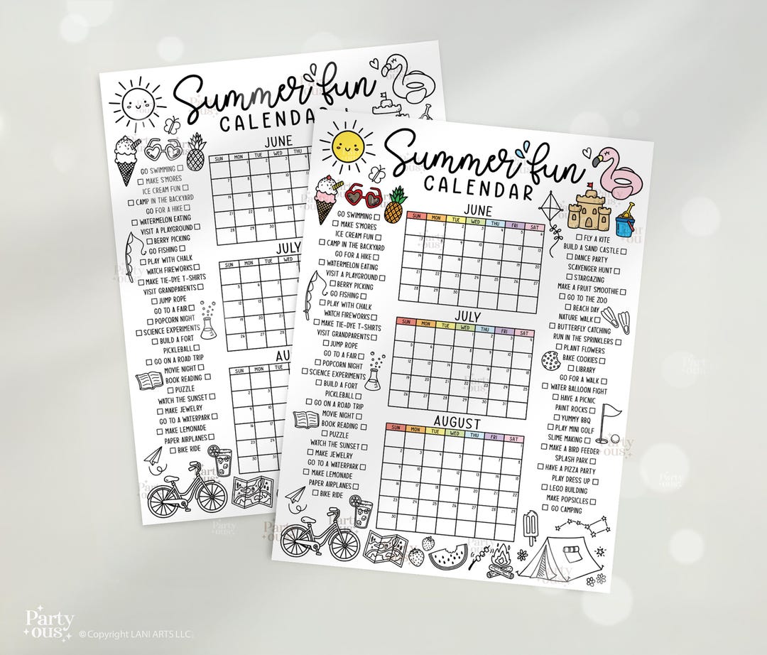 Printable Summer Calendar Poster Summer Fun Bucket List Family Planner ...