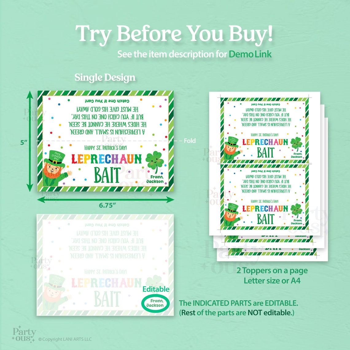 Editable St. Patrick's Day Bag Topper Leprechaun Bait Treat Gift Tags ...