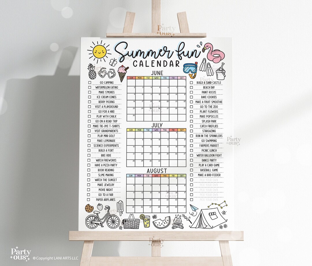 Printable Summer Calendar Poster Summer Fun Family Planner Check List ...