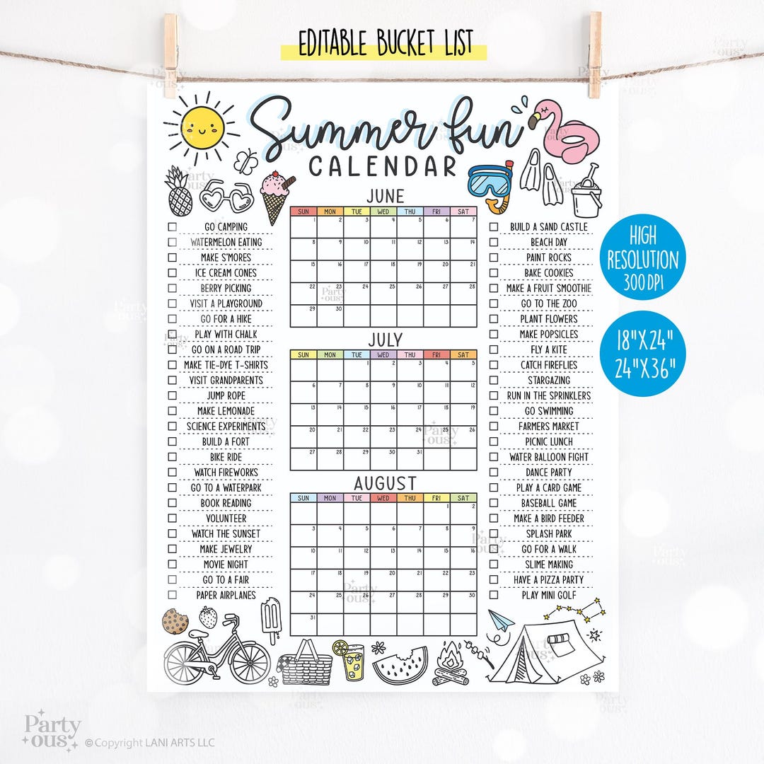Editable Summer Calendar Poster Printables Summer Fun Bucket List ...