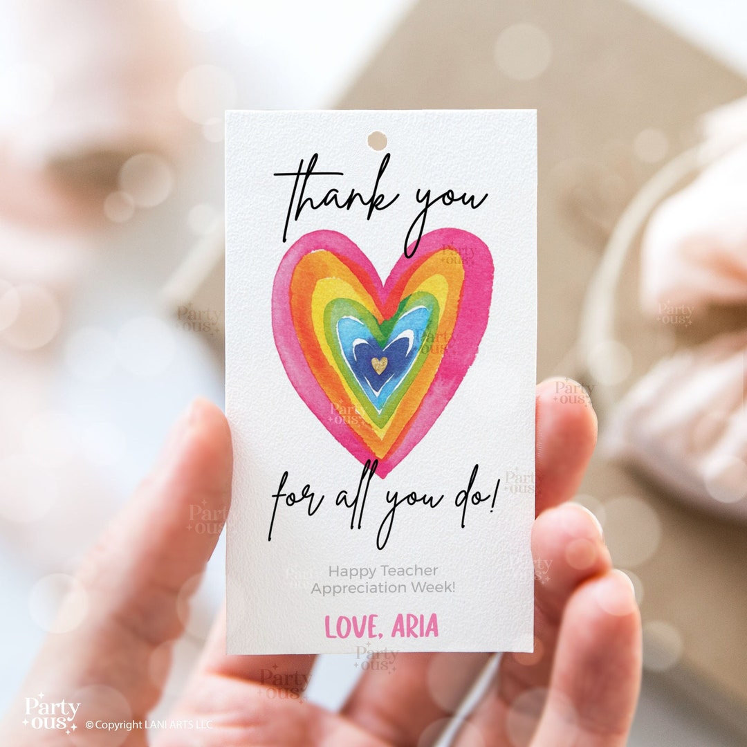 Editable Teacher Appreciation Week Gift Tags Watercolor Heart Thank You ...