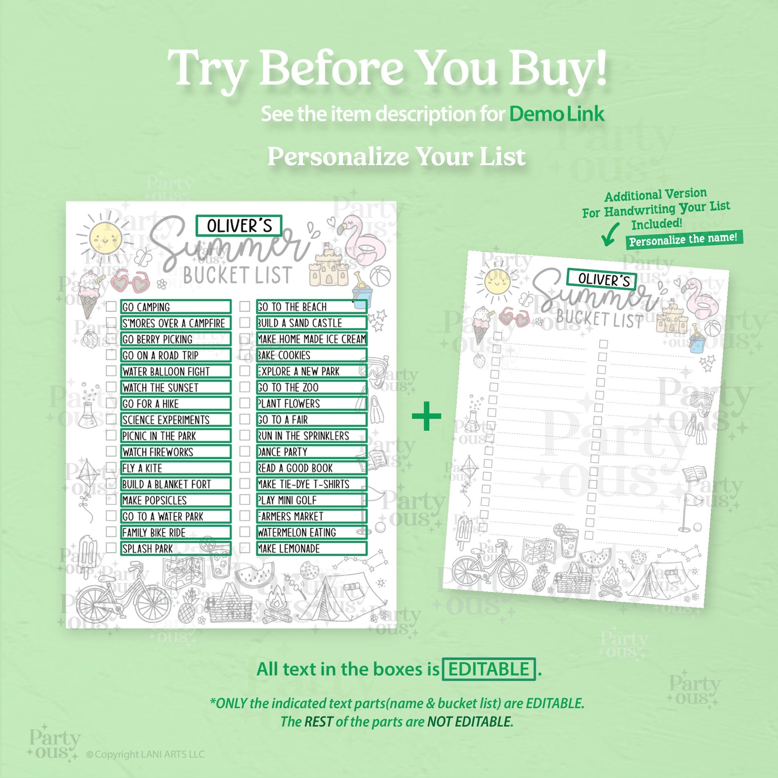 Editable Summer Bucket List Summer Fun Family Checklist Custom to Do ...