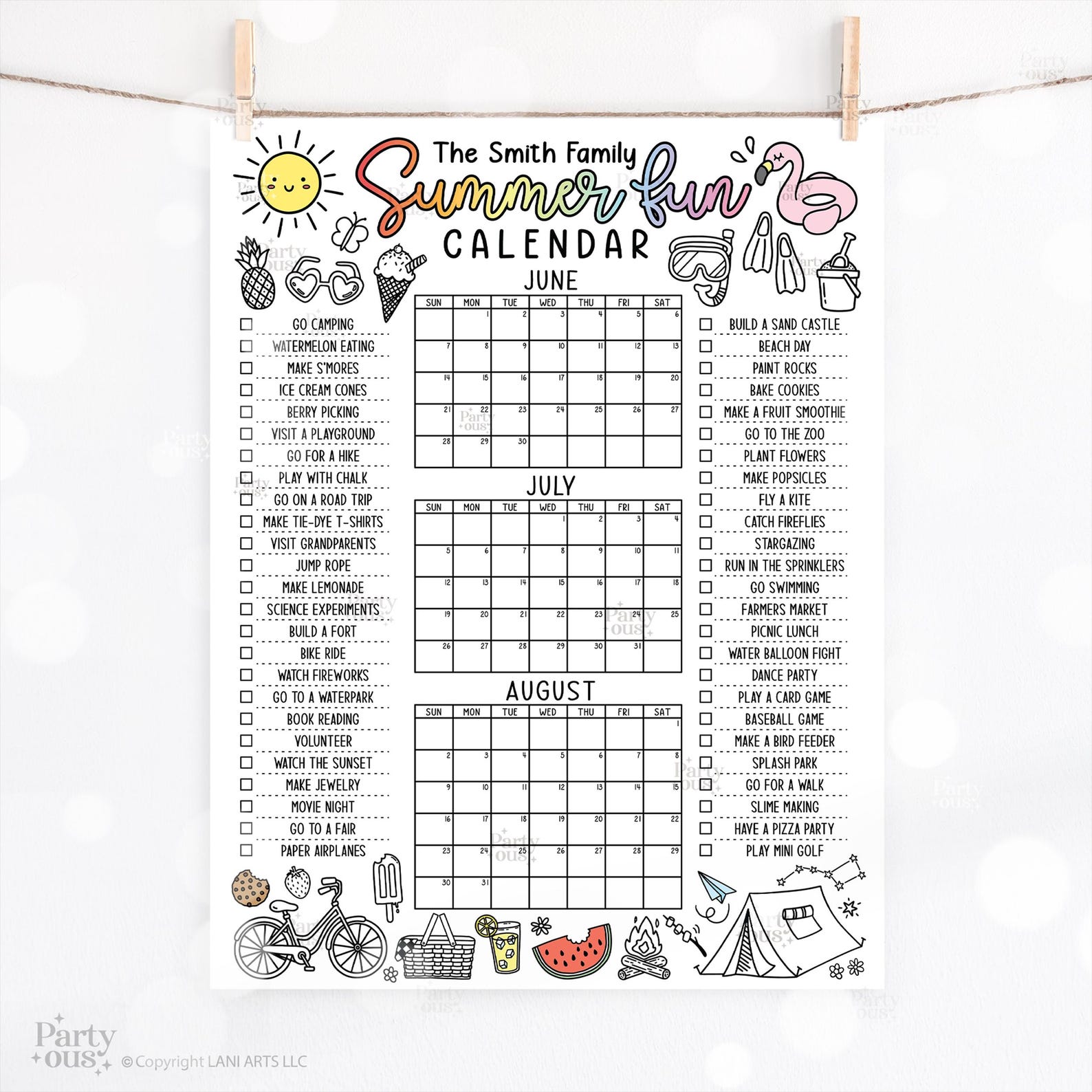 Editable Summer Calendar Poster Printables Family Summer Fun Bucket ...