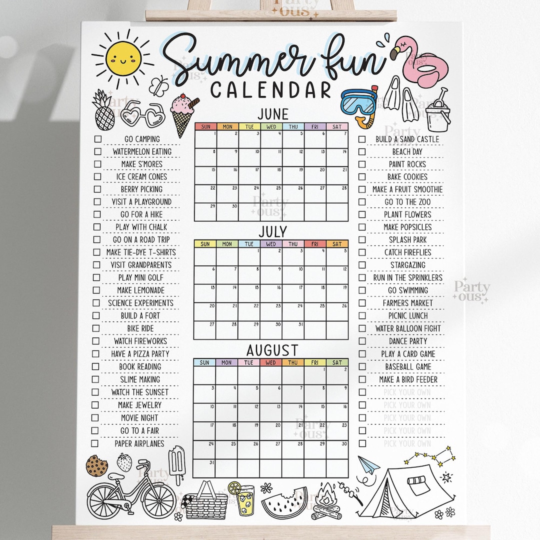 Printable Summer Calendar Poster Summer Fun Family Planner Checklist ...