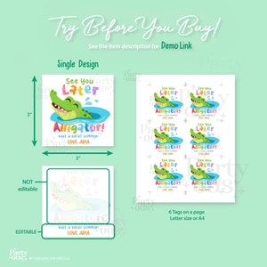 Editable Last Day of School Tag End of Year Friends Gift Tags Alligator ...