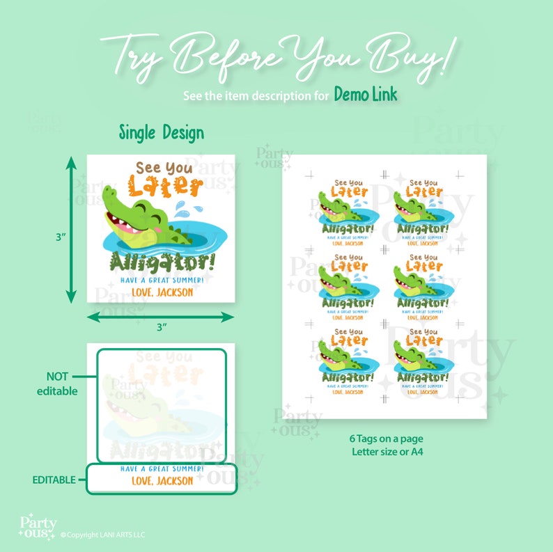 Editable Last Day of School Tags Alligator End of Year Teacher Gift Tag ...