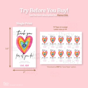 Editable Teacher Appreciation Week Gift Tags Watercolor Heart Thank You ...