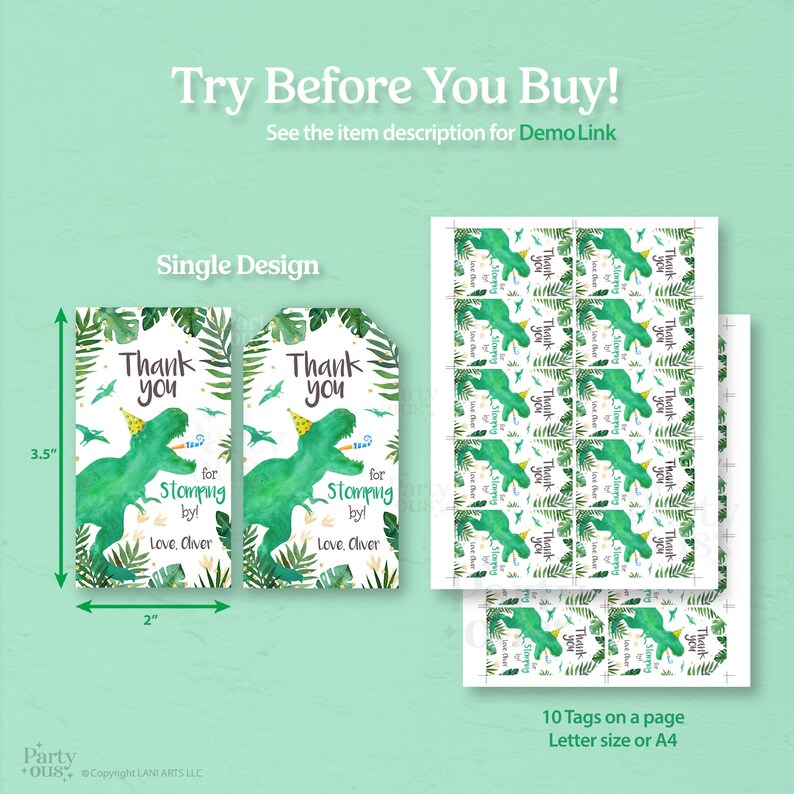 Editable Dinosaur Birthday Favor Tags Dino Party Gift Tags Thank You ...