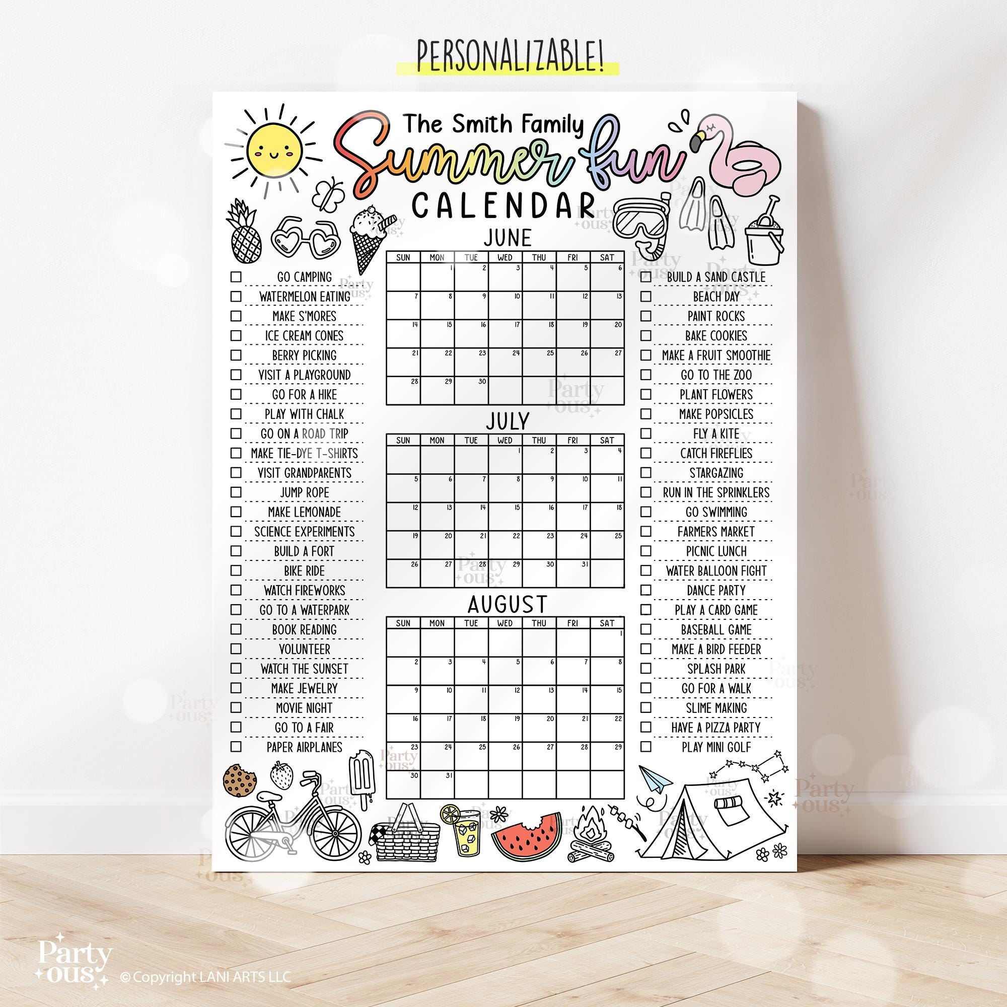 Editable Summer Calendar Poster Printables Family Summer Fun Bucket ...