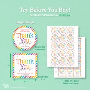 Editable Teacher Appreciation Week Gift Tags Thank You Teacher - Etsy