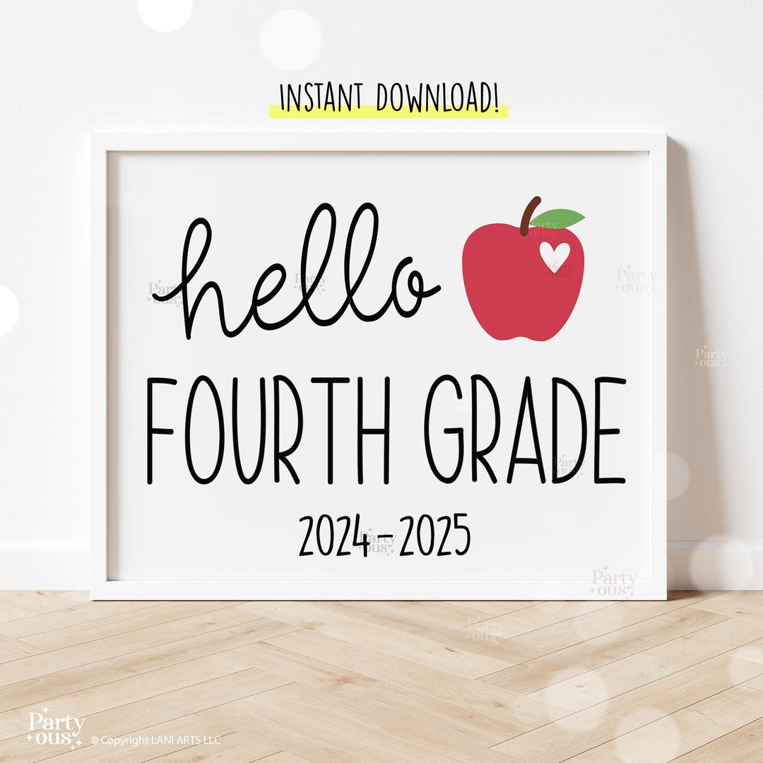 First Day of 4th Grade Sign Hello Fourth Grade Back to School Sign ...