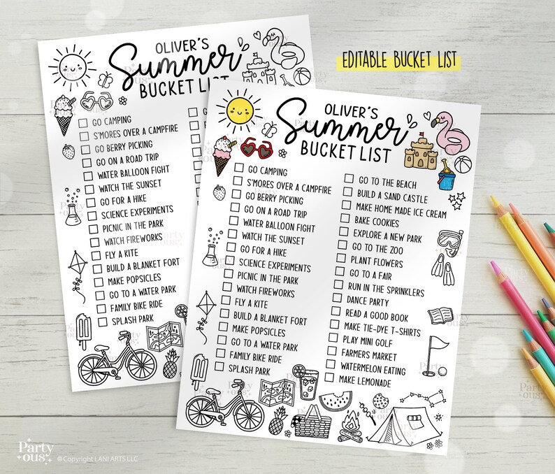 Editable Summer Bucket List Summer Fun Family Checklist Custom to Do ...