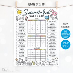 Editable Summer Calendar Poster Printables Summer Fun Bucket List ...