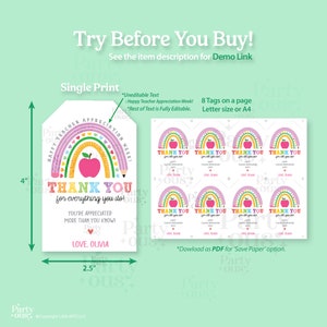 Editable Teacher Appreciation Week Gift Tags Thank You Teacher Gift Tag ...