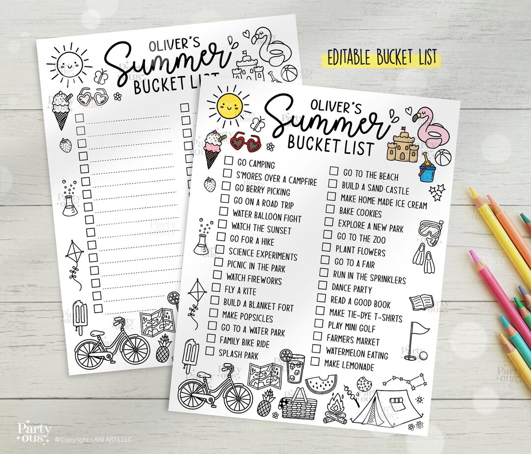 Editable Summer Bucket List Summer Fun Family Checklist Custom to Do ...