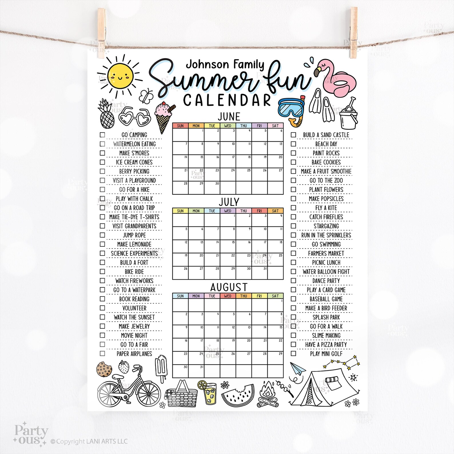 Editable Summer Calendar Coloring Poster Printables Family Summer Fun ...