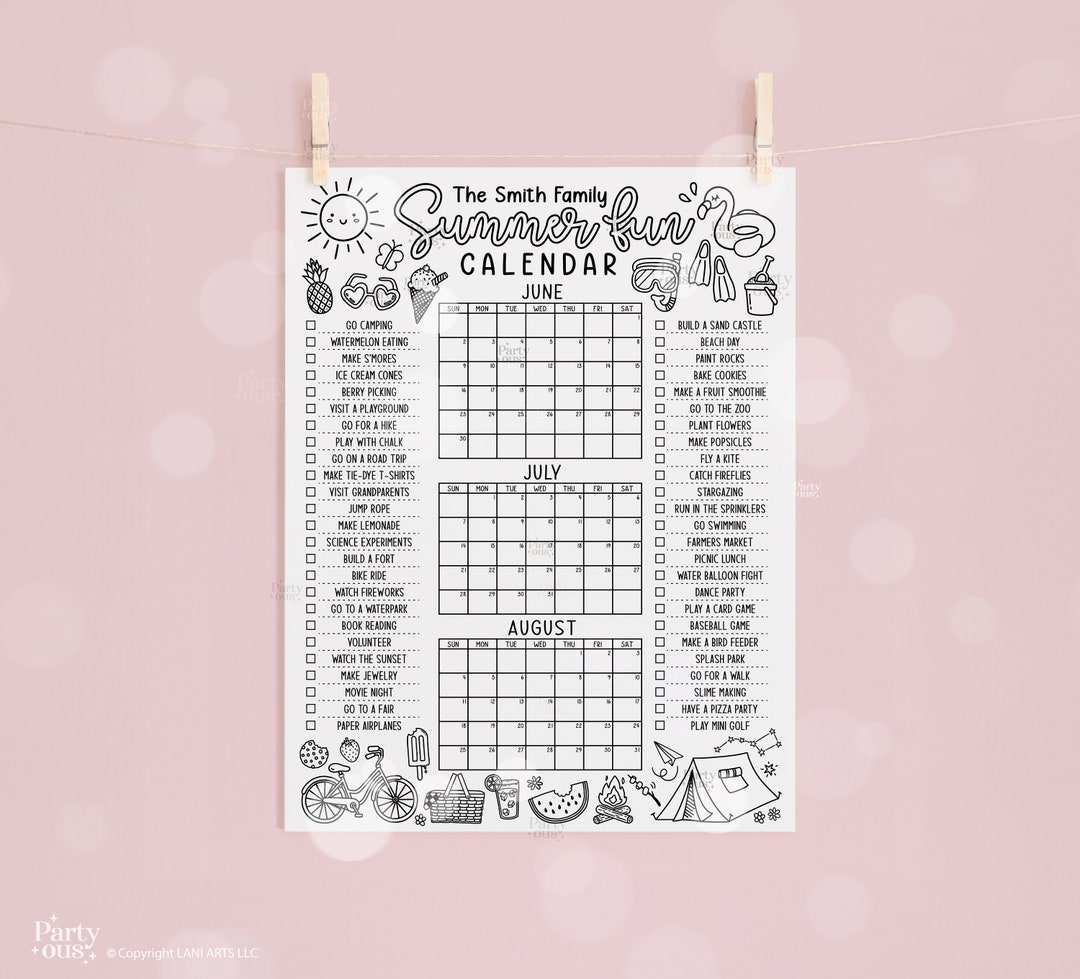 Editable Summer Calendar Poster Printables Family Summer Fun Bucket ...
