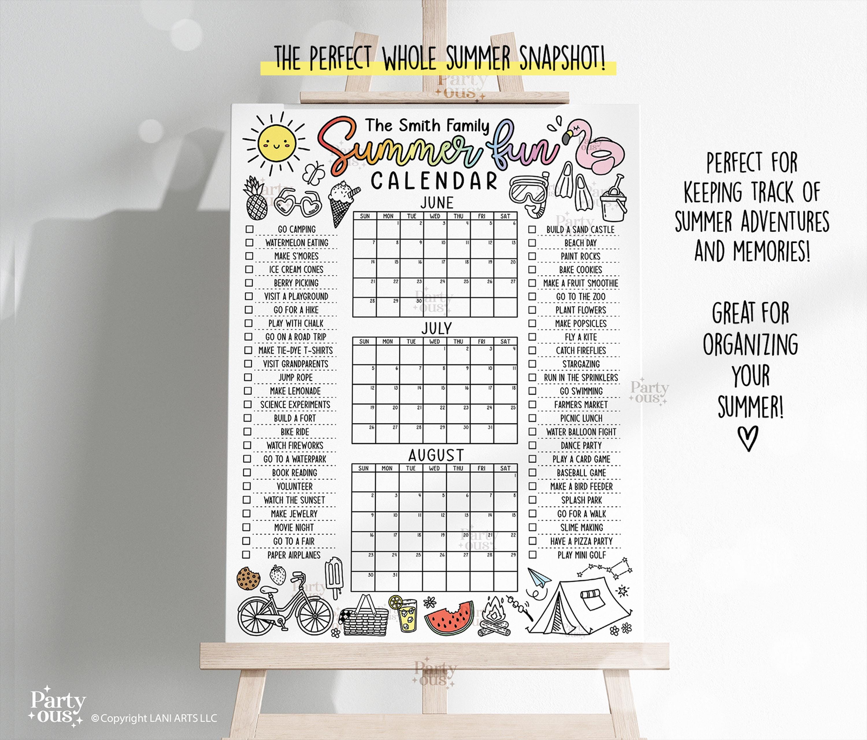 Editable Summer Calendar Poster Printables Family Summer Fun Bucket ...