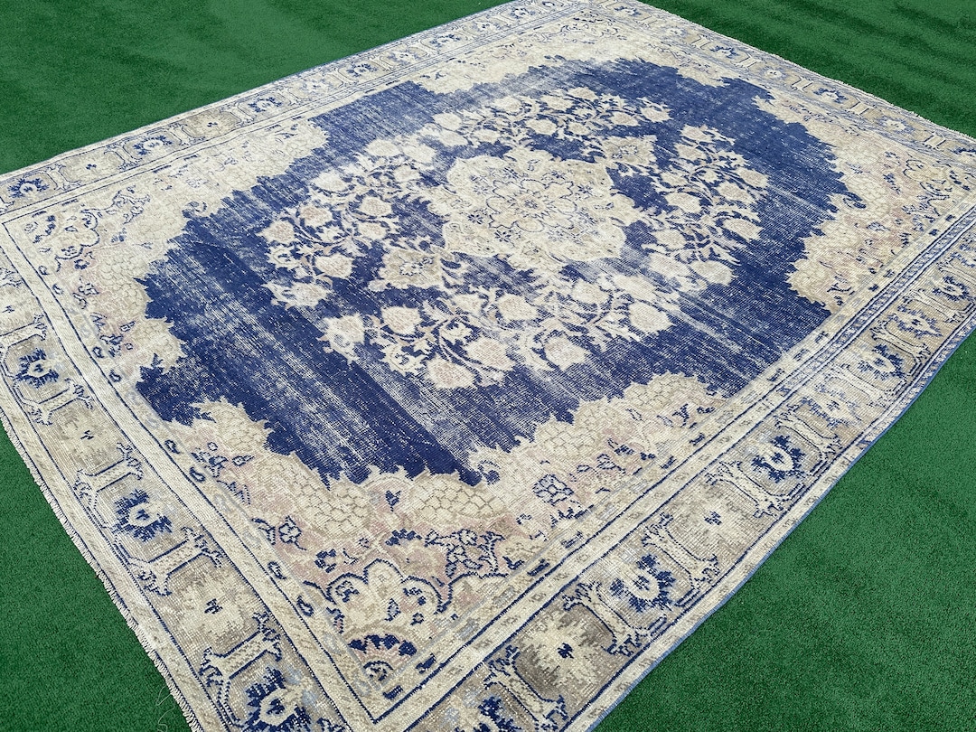 8x10 Blue Turkish Rug, Neutral Soft Rug, Oushak Vintage Rug, 8x10 ...