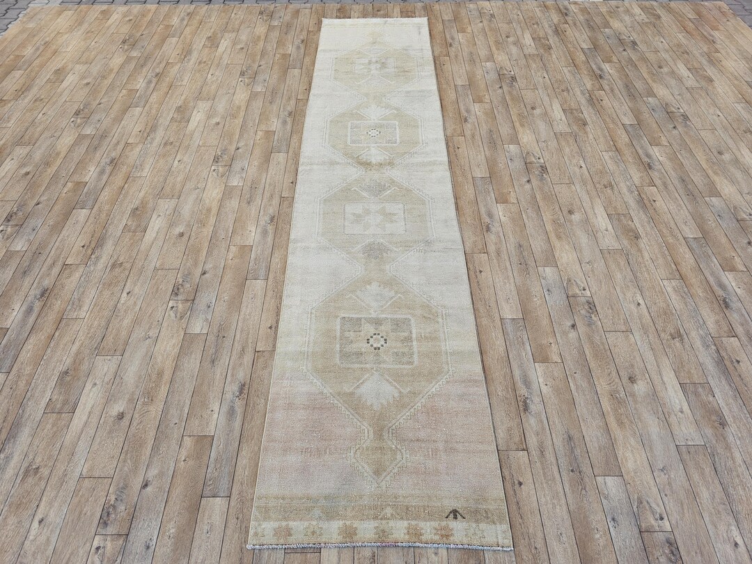 3x13 Neutral Soft Runner, Narrow Long Runner, Vintage Turkish Runner ...