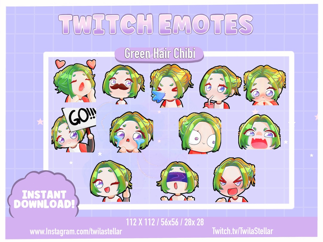 12 Green Hair Chibi Girl Emote Pack | Twitch Emotes | Cute Emote Pack ...