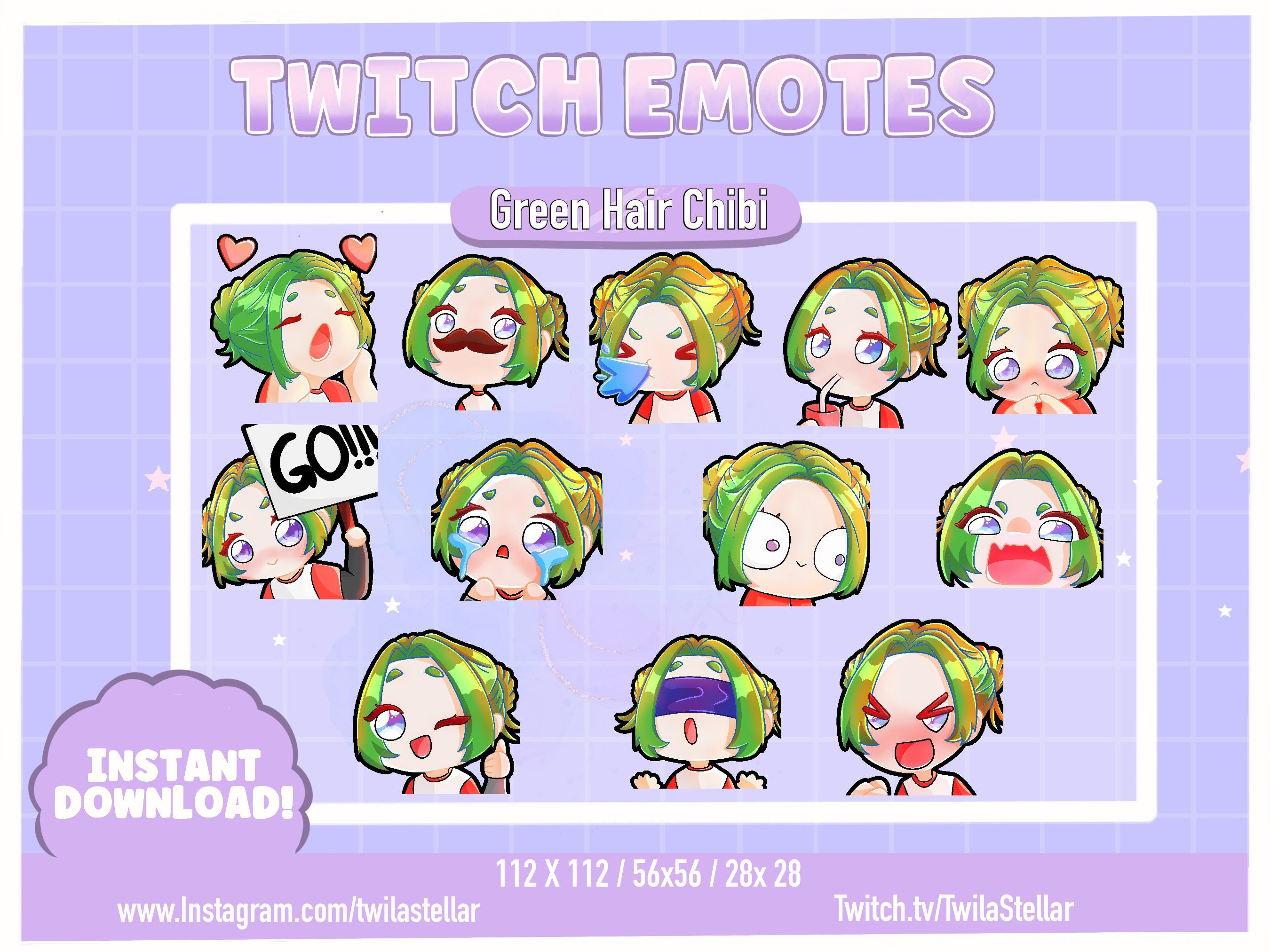 12 Green Hair Chibi Girl Emote Pack | Twitch Emotes | Cute Emote Pack ...