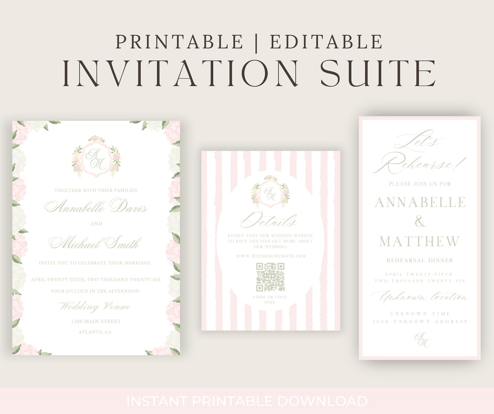 Pink and Green Watercolor Floral Hydrangea Wedding Full Invitations ...