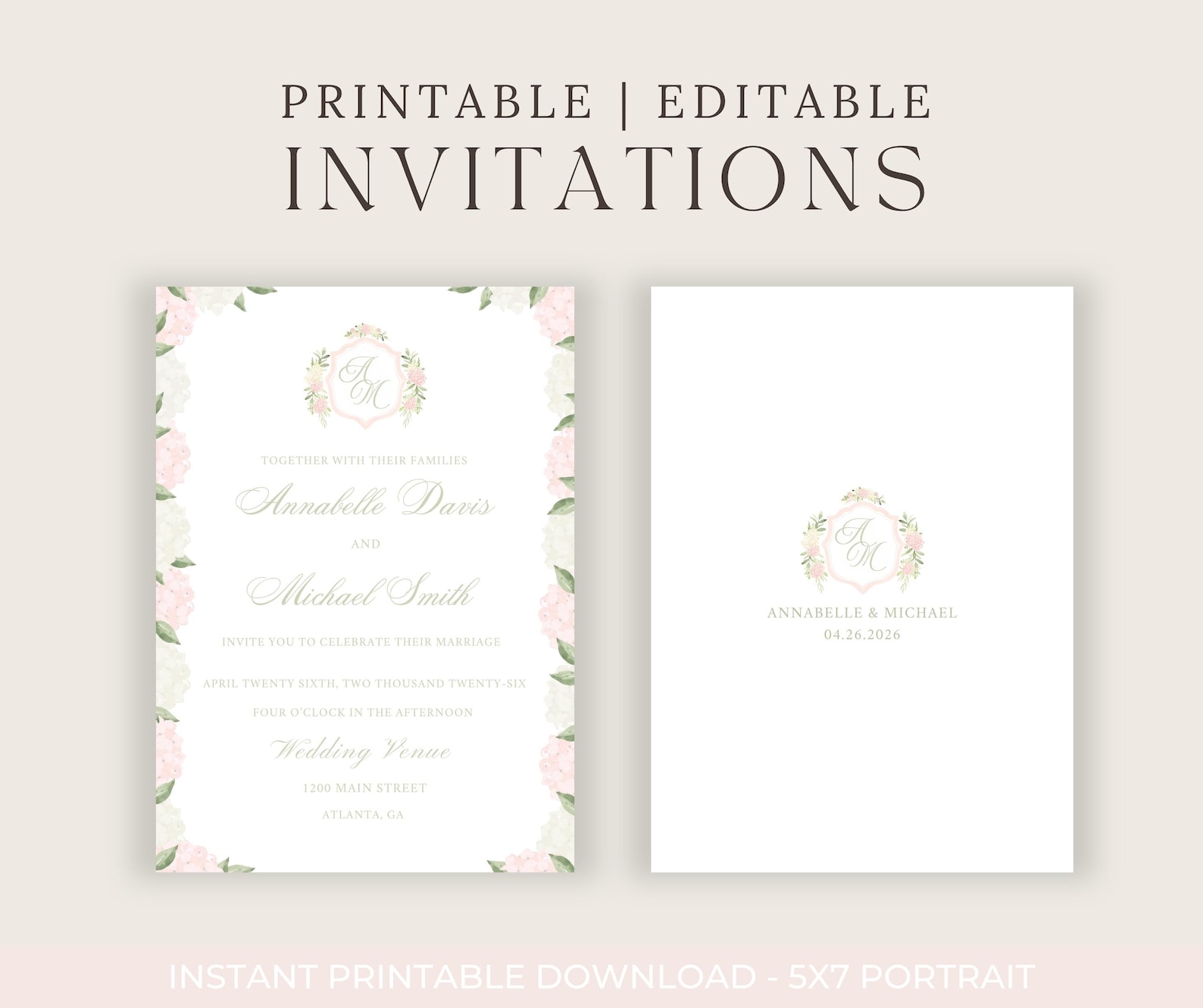 Pink and Green Watercolor Floral Hydrangea Wedding Full Invitations ...