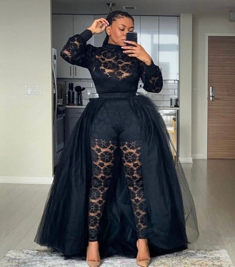 Black Lace Wedding Jumpsuit, Long Sleeve Attire, Prom Jumpsuit With ...