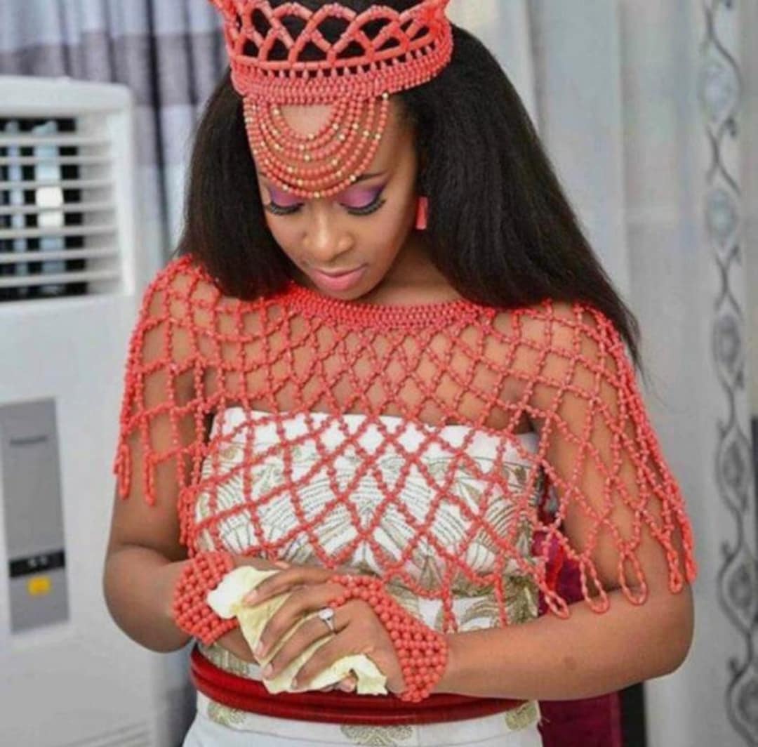 African Coral Bead Set, Head Crown With Shoulder Cape and Earrings ...