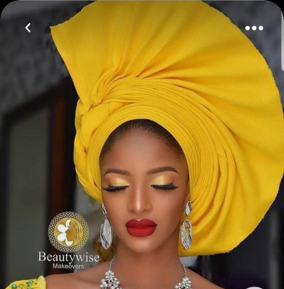 Yellow Aso Ebi Auto Gele, Aso Oke Ready Made Head Gear, Engagement ...