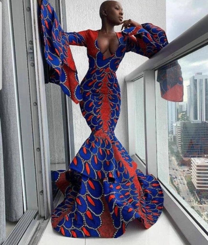African Ball Gown, Ankara V Neck Dress, Mermaid Full Attire, Maxi Prom ...