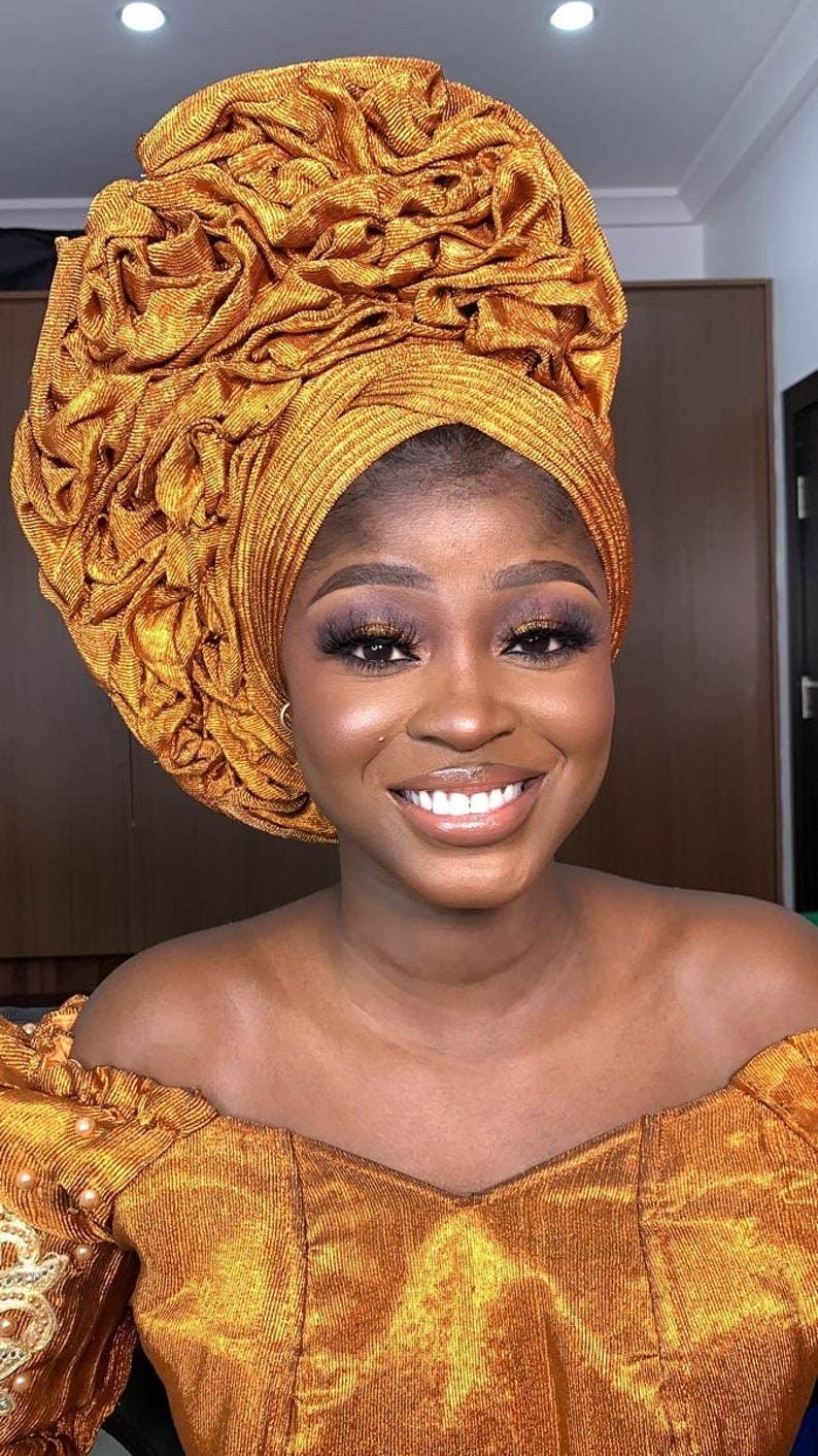 Gold Ready Made Aso Oke Auto Gele,wedding Headtie,pre Tied Hat,women ...
