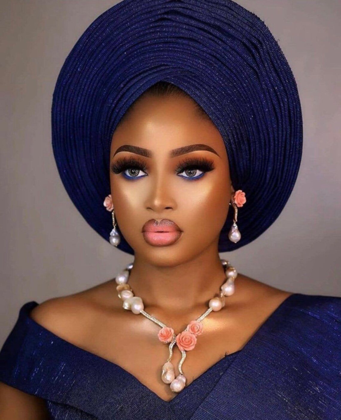 Blue Wedding Aso Oke Auto Gele,wedding Head Tie,pre Tied Hat,women ...