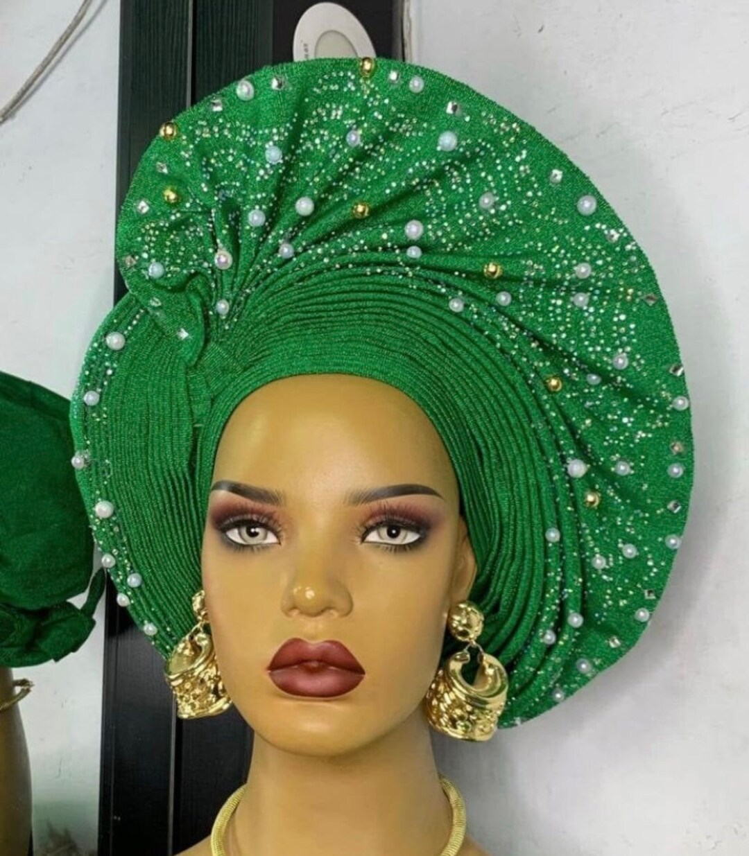 Green Stoned Auto Gele, Aso Oke Auto Gele,pre Tied Wedding Hat,women ...
