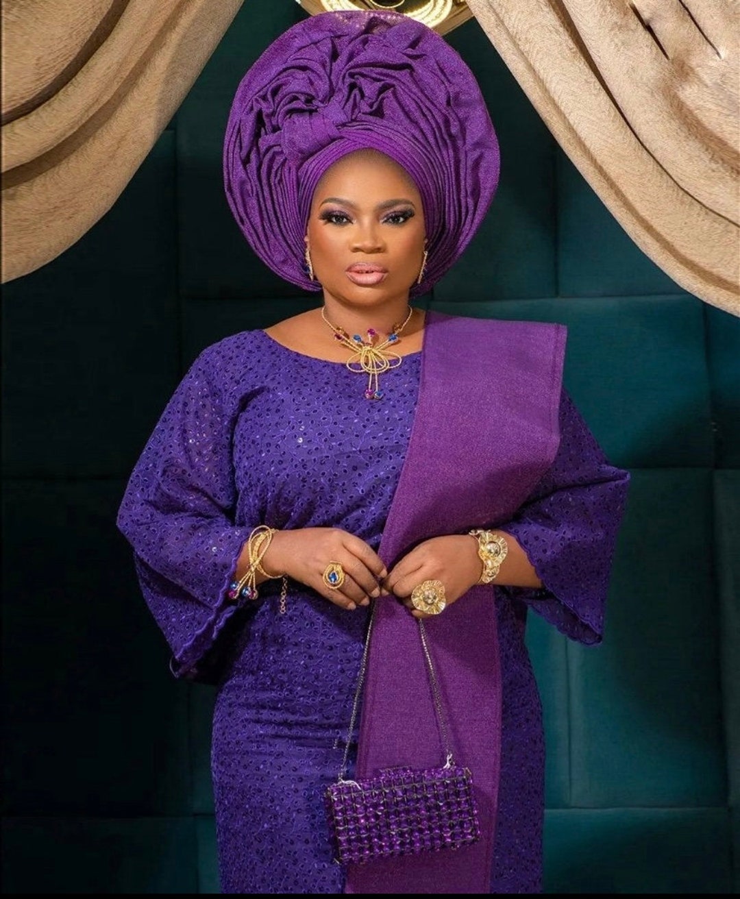 Purple Aso Oke Auto Gele With Shoulder Piece,party Hat Ipele,pre Tied ...