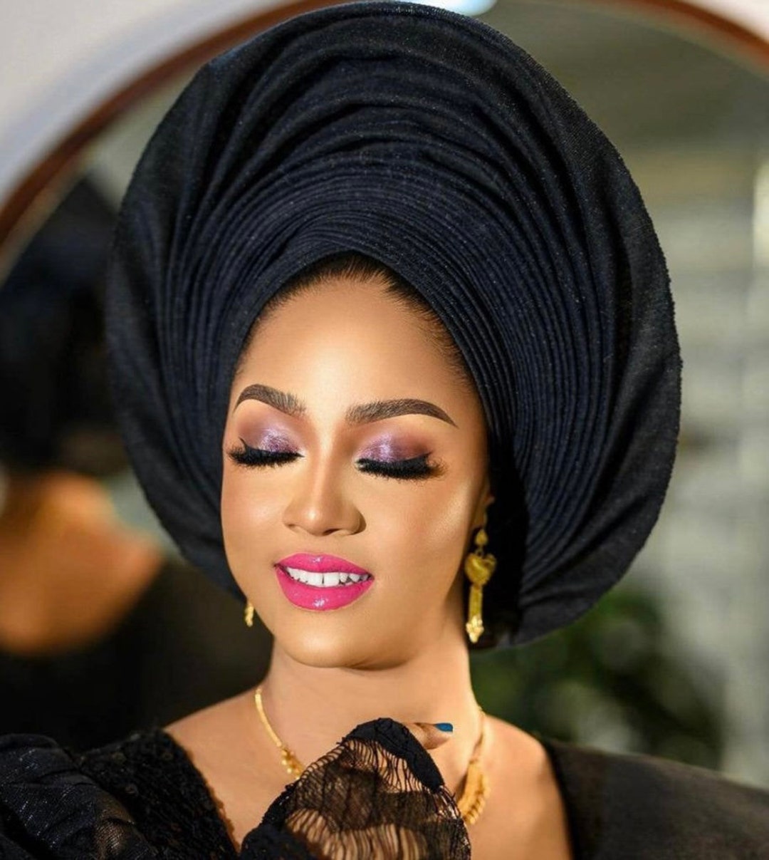 Black Asooke Auto Gele, Ready Made Head Gear, Pre Tied Wedding Scarf ...