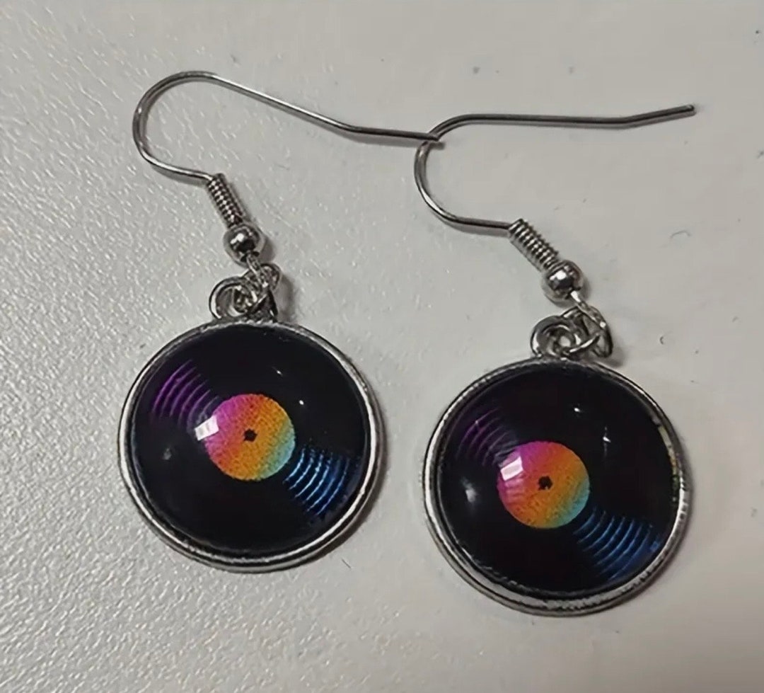 Adorable Retro Miniature Vinyl Record Dangle Earrings Rainbow & Black ...