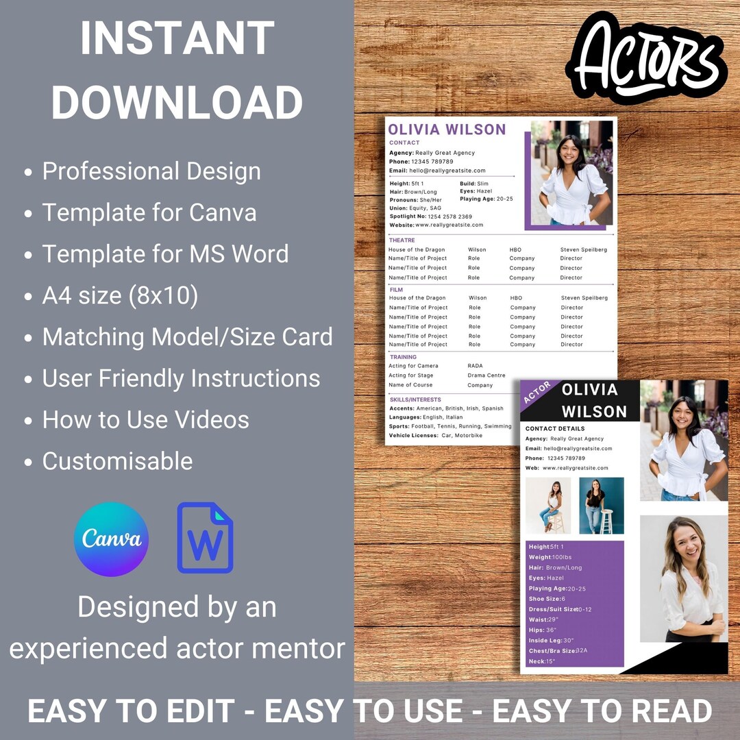 Customizable Acting Resume Template | CV & Size Card for Canva/word ...