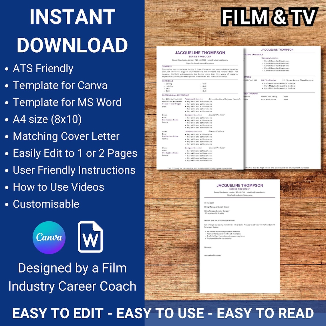 Customisable Professional Film CV: TV and Filmmakers Matching Cover ...