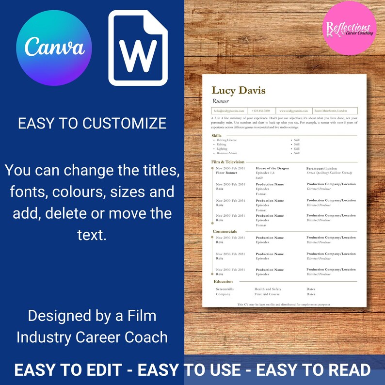 Film and TV Resume Template: Credits Based CV, Cover Letter (canva and ...