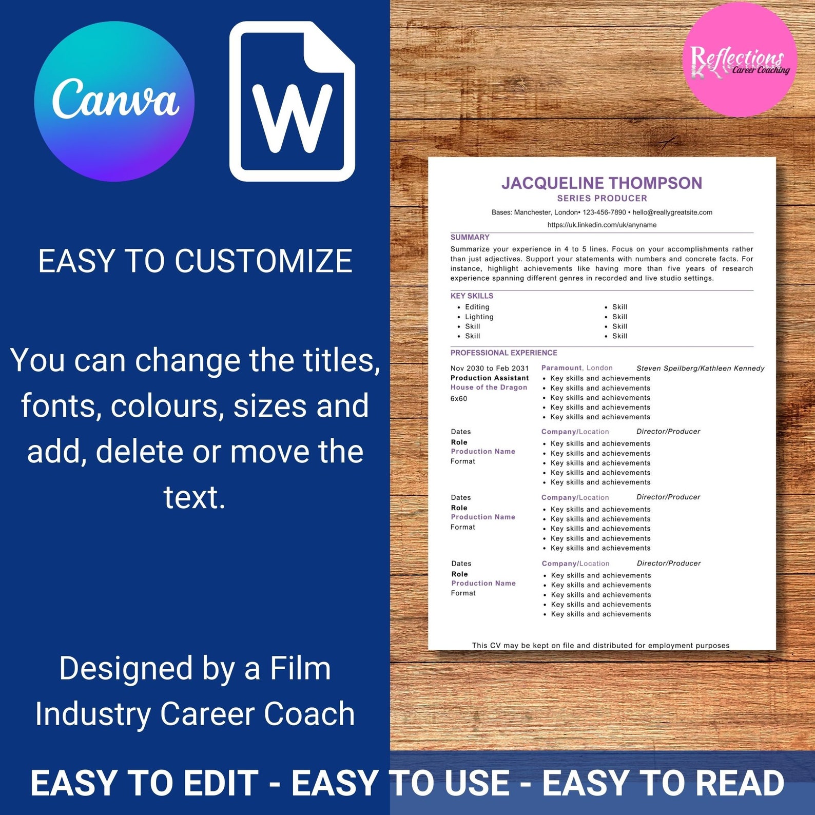 Customisable Professional Film CV: TV and Filmmakers Matching Cover ...