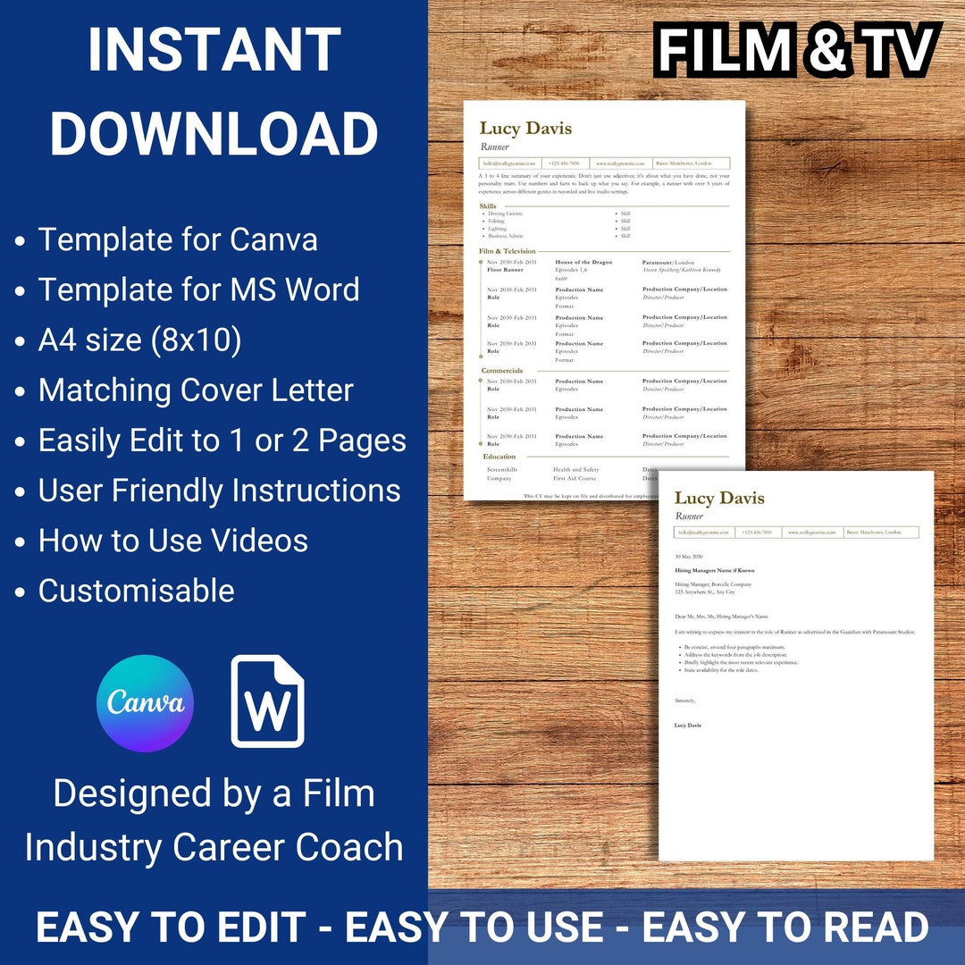 Film and TV Resume Template: Credits Based CV, Cover Letter (canva and ...