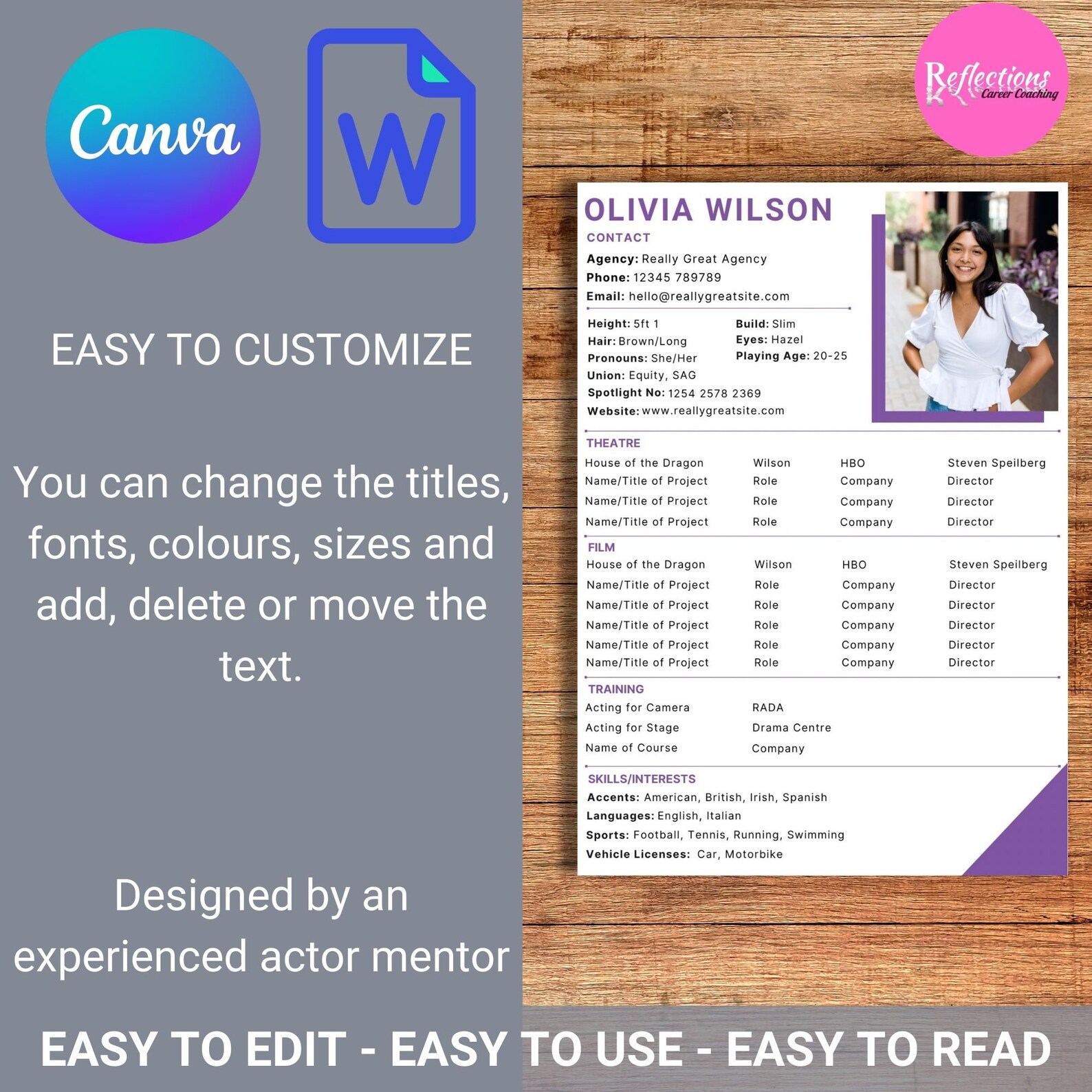 Customisable Professional Acting Resume CV Template for Actors and ...