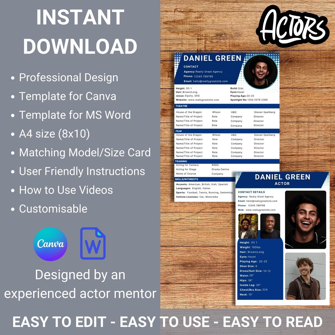 Acting Resume Template: Modern CV + Size Card (canva & Word) - Etsy