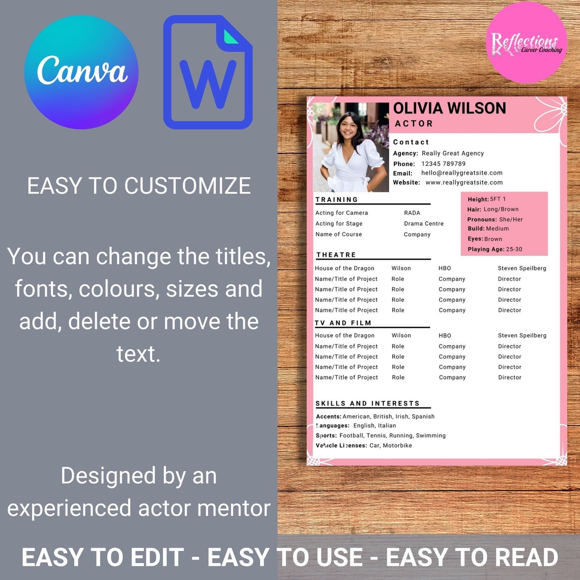 Customisable Professional Acting Resume | CV Template for Actors and ...