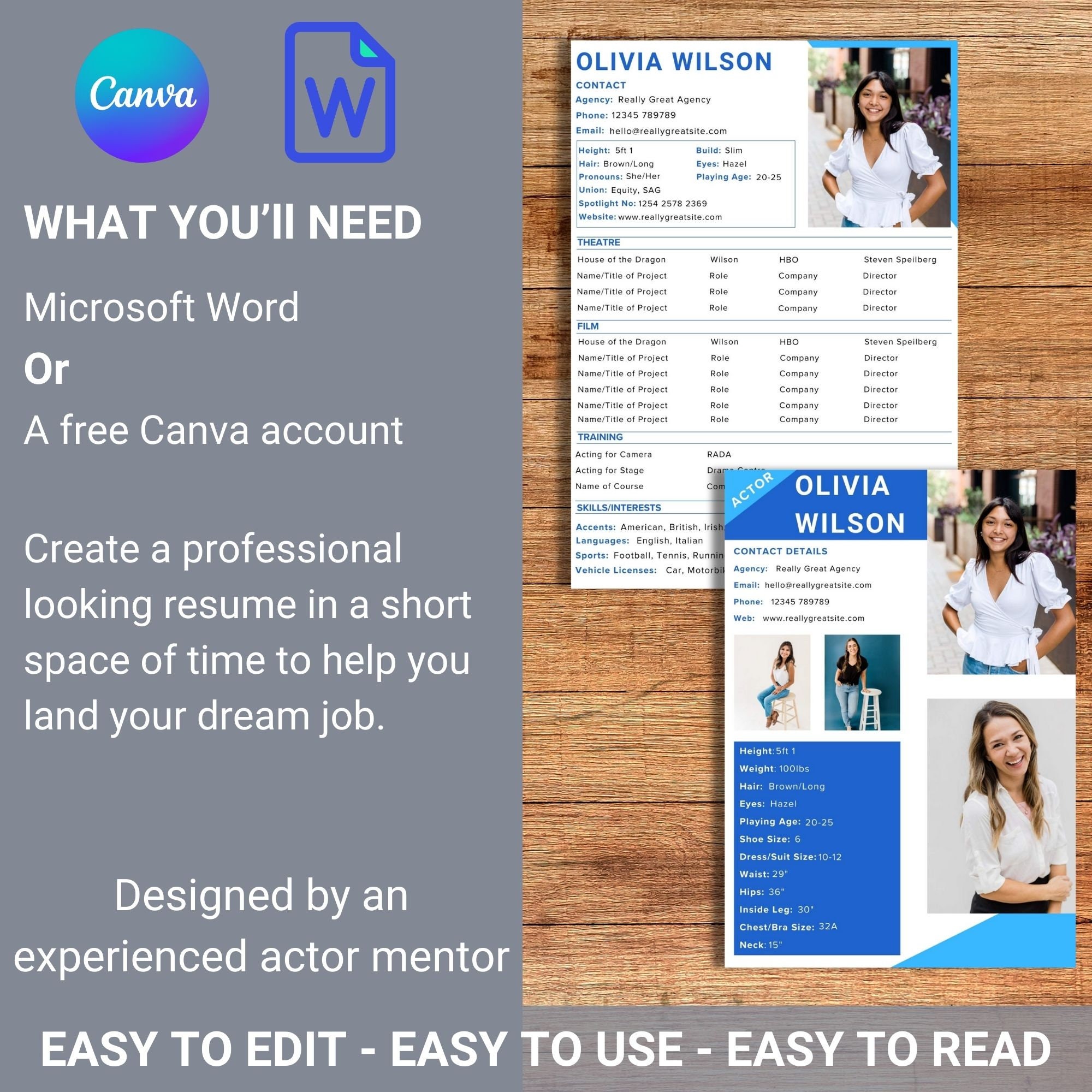 Acting Resume Template | Customizable CV + Size Card (canva & Word) - Etsy